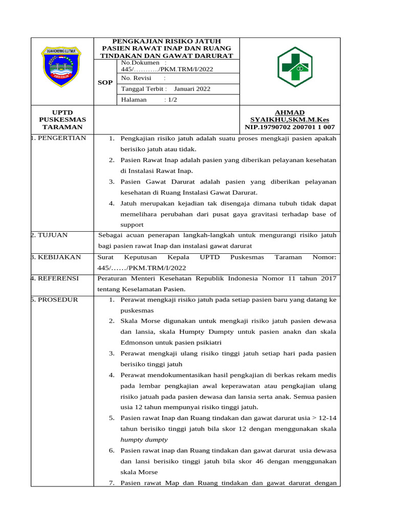 Sop Pengkajian Resiko Jatuh Di IGD | PDF