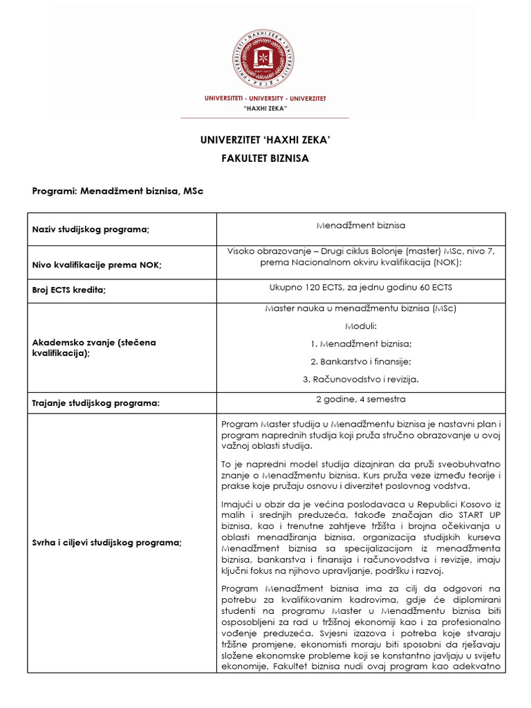 PROGRAM - MSc. - Menadzment Biznisa | PDF