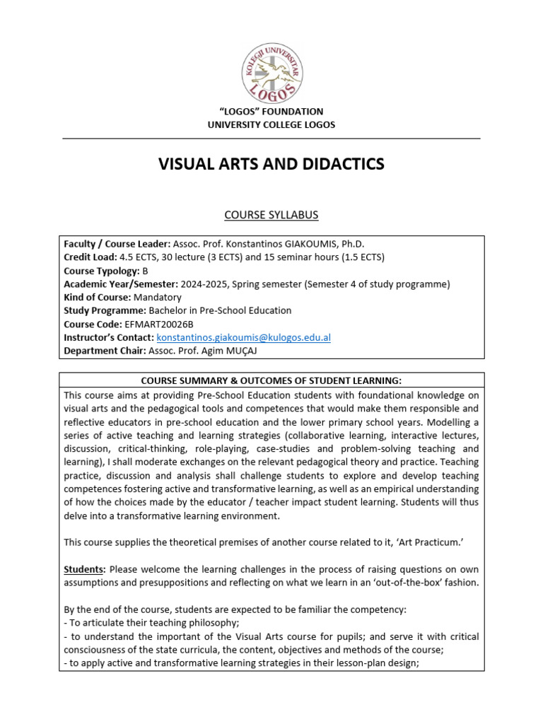 Visual Arts & Didactics Syllabus, Spring '25 (Giakoumis), EN | PDF