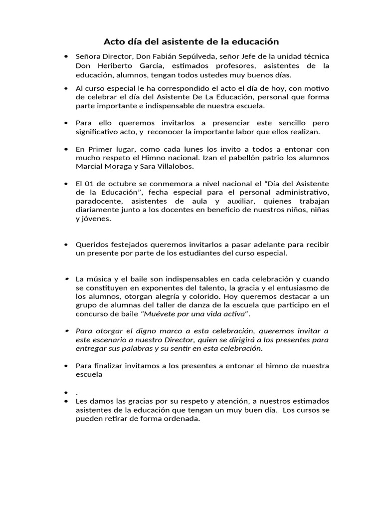 Libreto Acto Dia Del Asistente de La Educacion | PDF