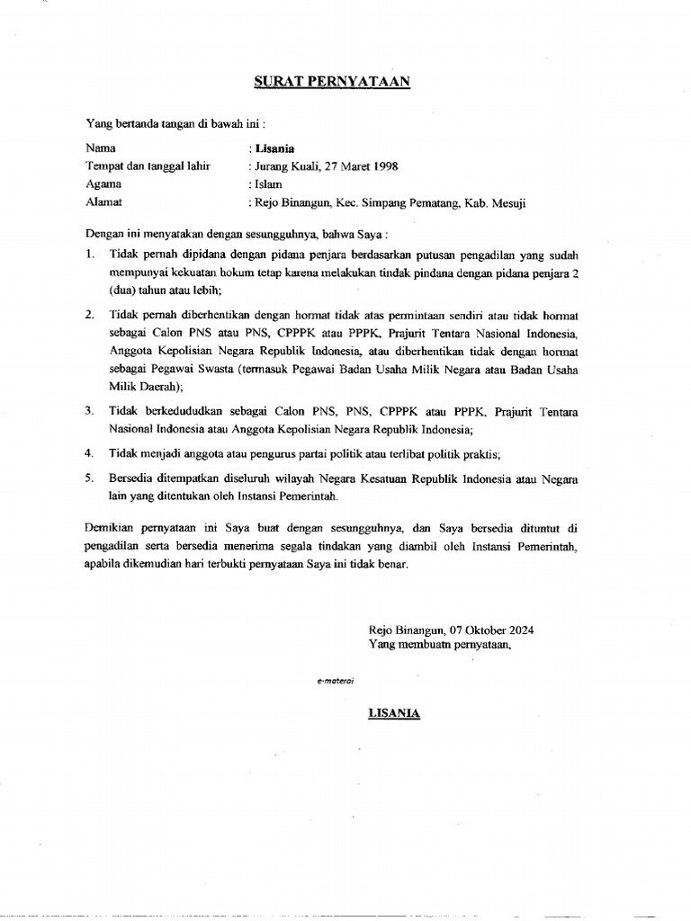 SURAT PERNYATAAN LISANIA | PDF
