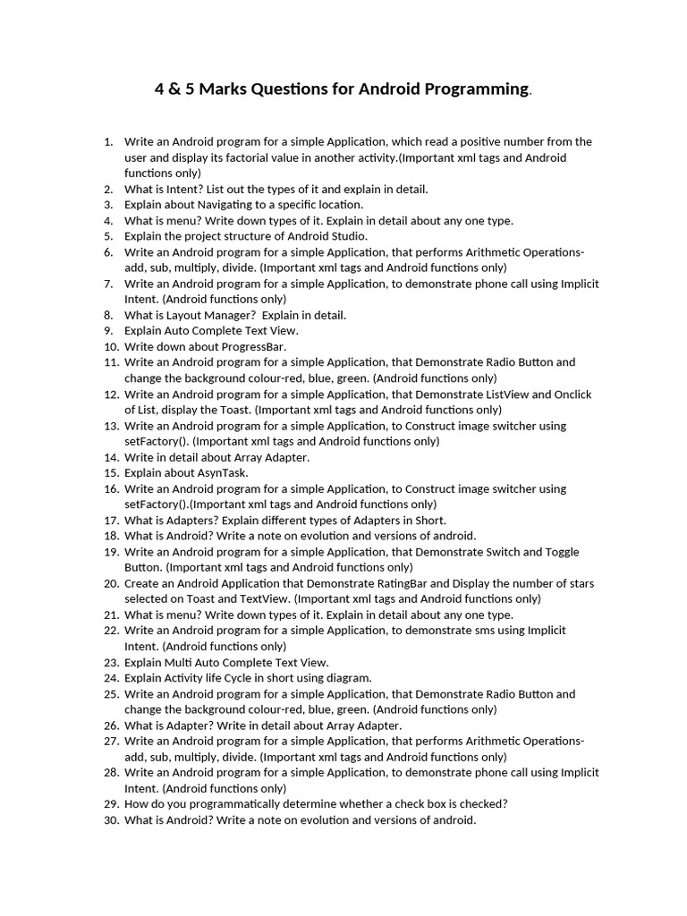 4 & 5 Marks Questions For Android Programming | PDF
