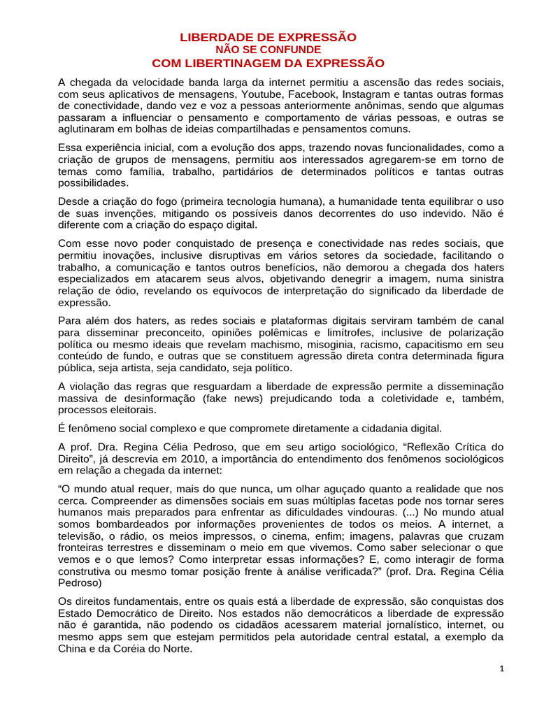 Liberdade de Expressão Não Se Confunde Com Libertinagem Da Expressão | PDF