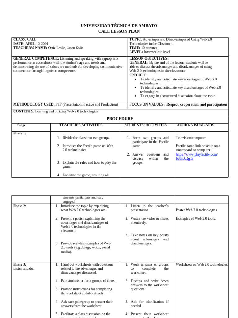 CALL Lesson Plan | PDF