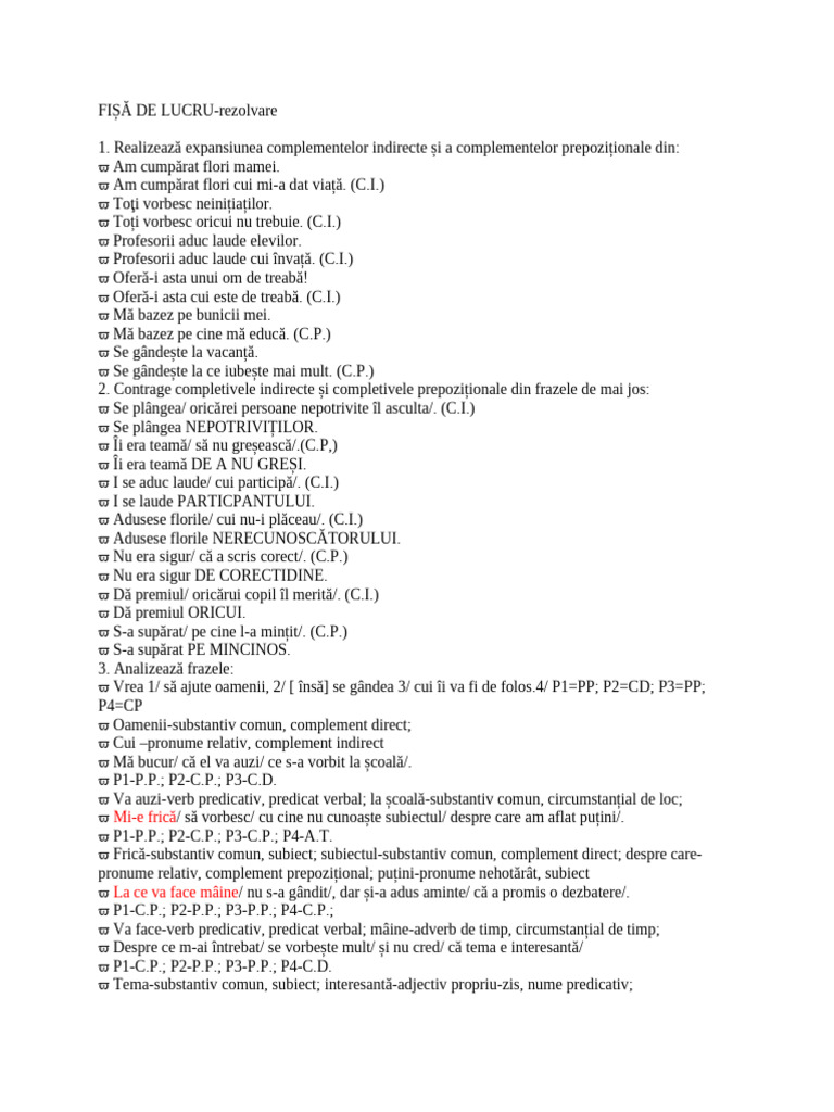 FIȘĂ DE LUCRU-fraza 8 | PDF