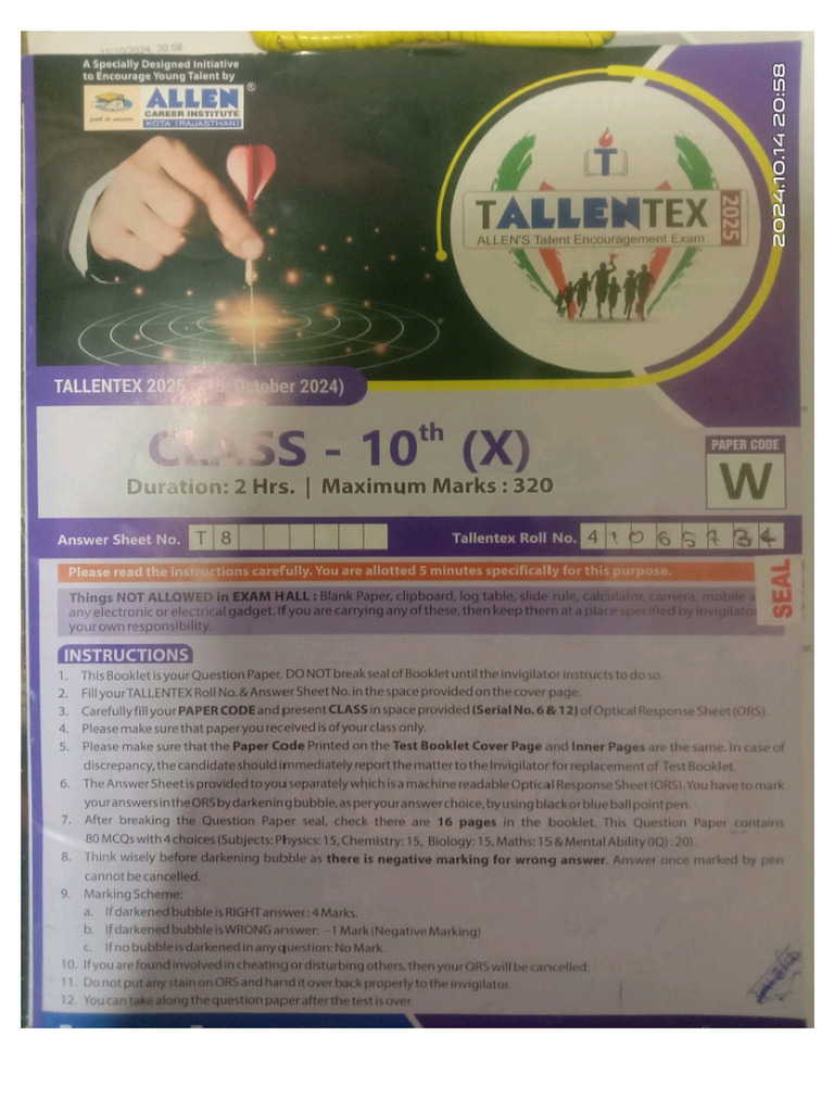 Tallentex 2025 Paper Code W 13th October 2024 | PDF