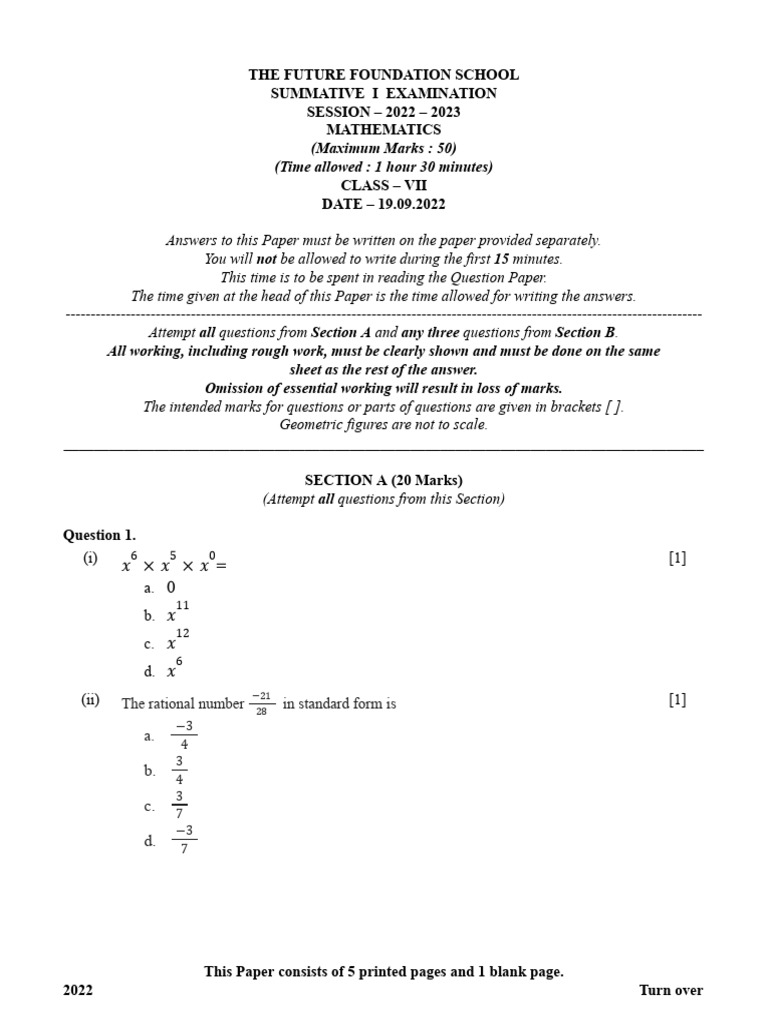 2022-Term-I-MAT-7 Set 1 | PDF