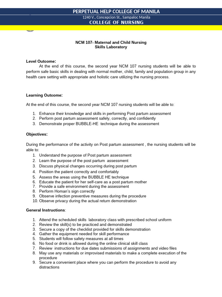 NCM 107 Skills - Checklist For Post Partum Assessment (BUBBLE HE) | PDF
