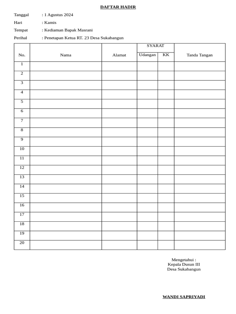 Daftar Hadir Pemilihan RT 23 | PDF