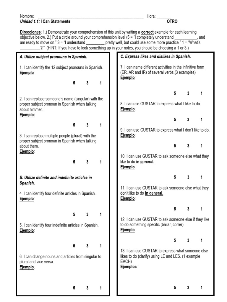 Unidad 1 1 I Can Statements | PDF