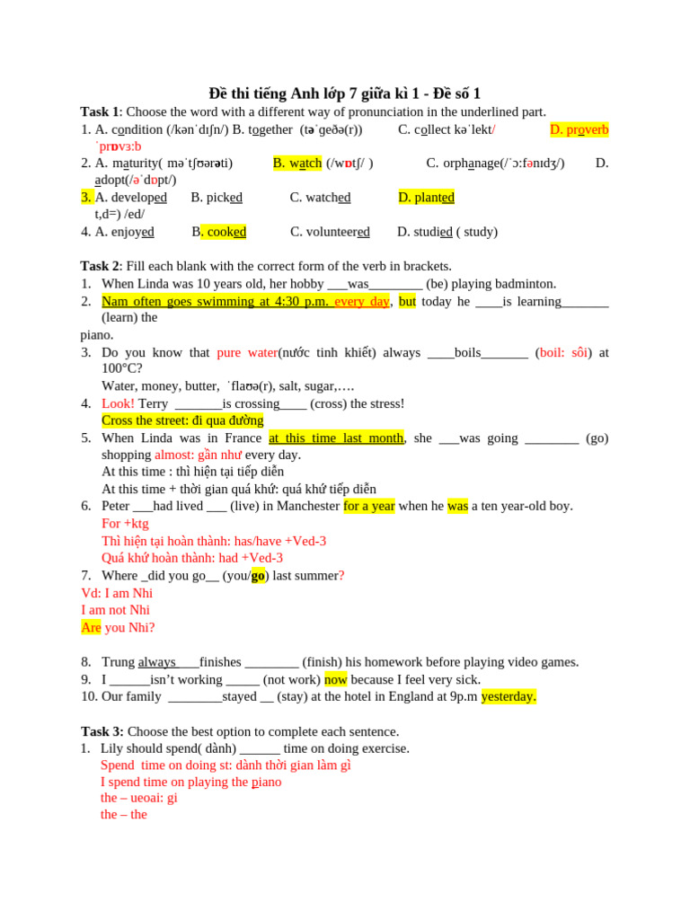 De Thi Tieng Anh Lop 7 Giua Ki 1 de So 1 | PDF