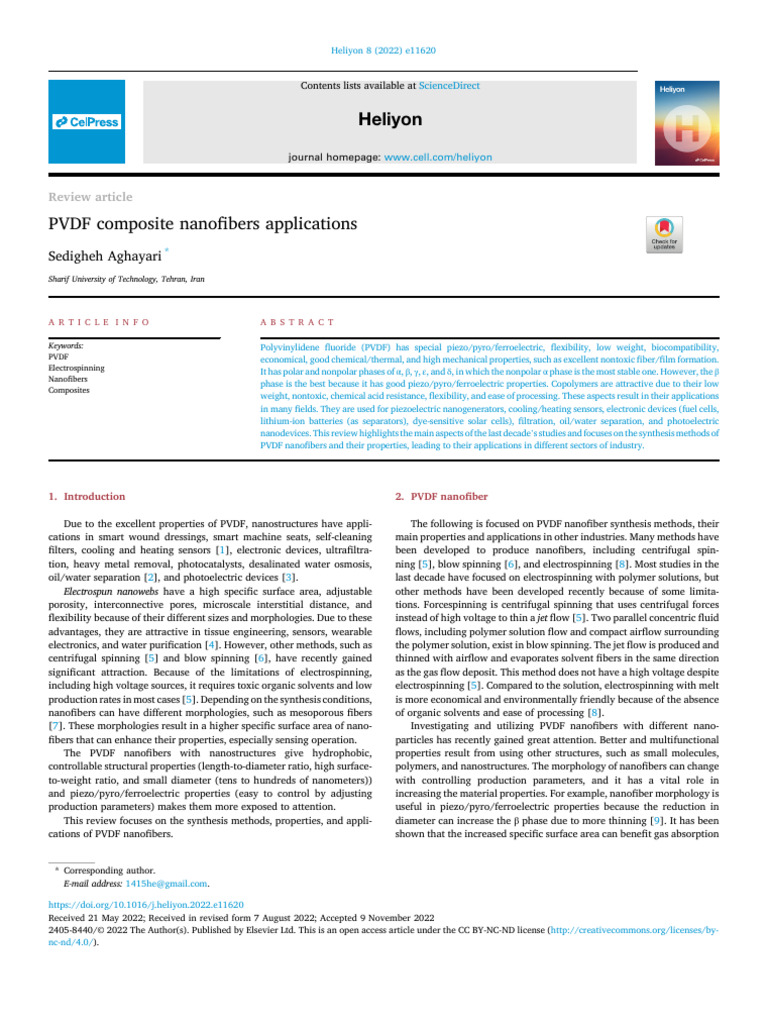 PVDF Composite Nanofibers Applications - 2022 - Heliyon | PDF