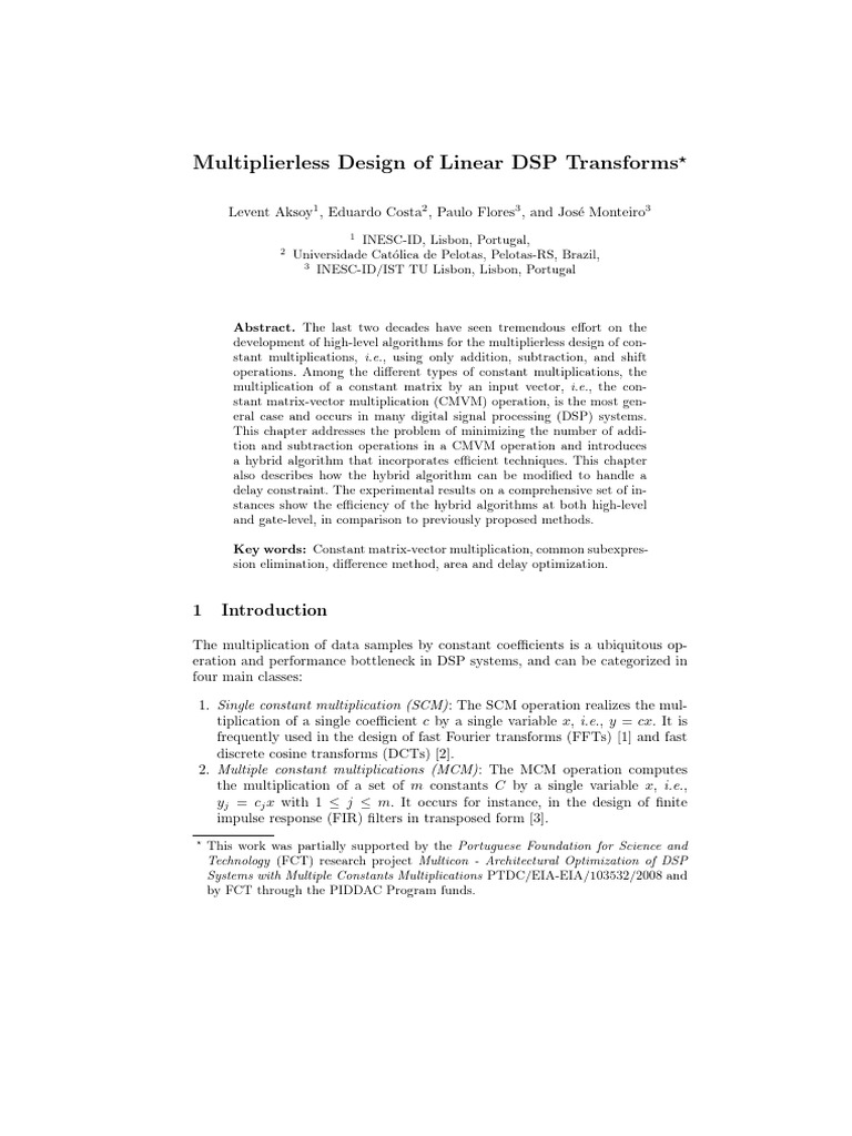 Multiplierless Design of Linear DSP Transforms: Abstract | PDF