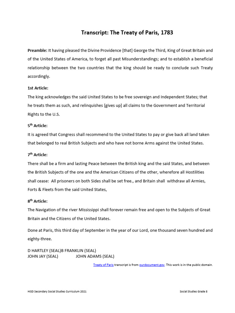SS8 Treaty of Paris Transcript and Map Unit 3 | PDF