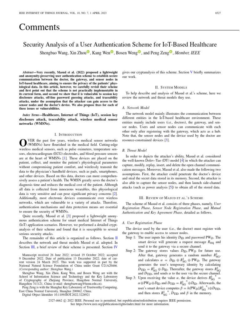 Security Analysis of A User Authentication Scheme For IoT-Based Healthcare | PDF