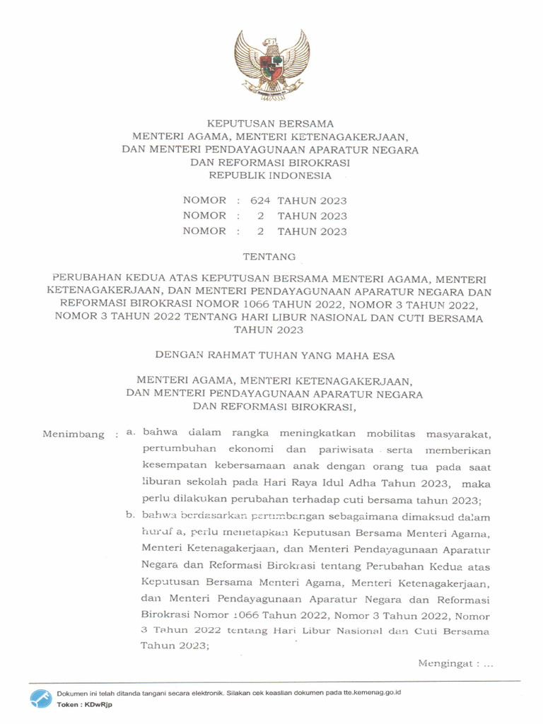 SKB 3 Menteri TTG Hari Libur Nasional Dan Cuti Bersama & Lamp - 16 Juni 2023 | PDF