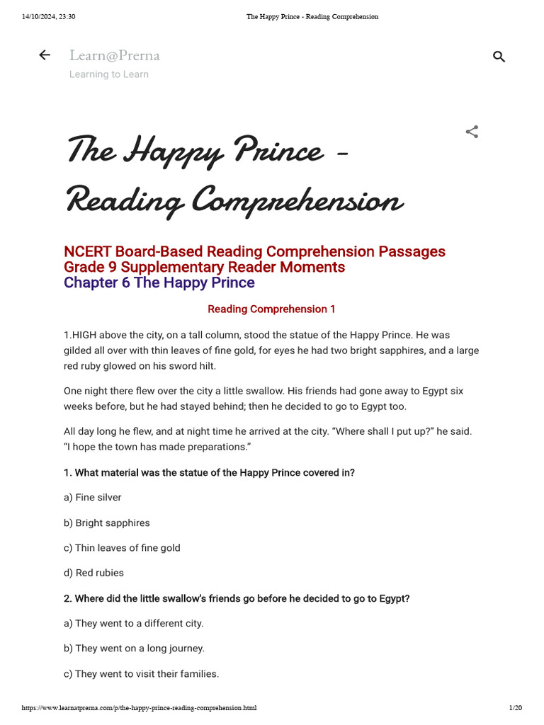 The Happy Prince - Reading Comprehension | PDF