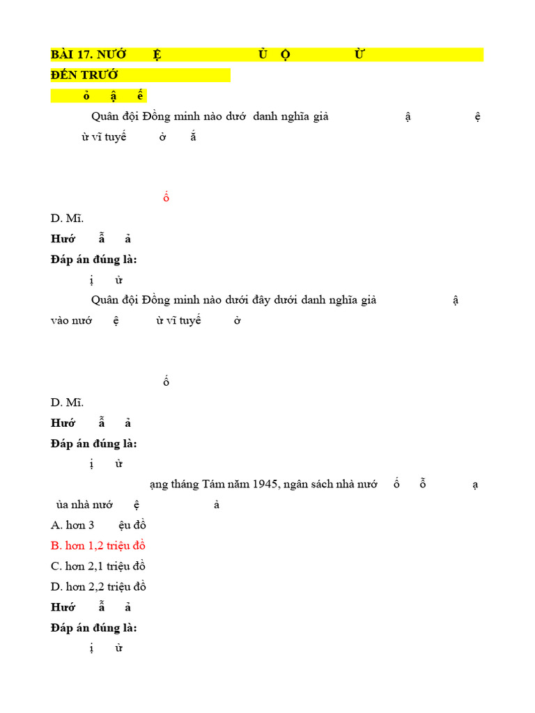 Trac Nghiem Lich Su 12 Bai 17 Co Dap An Nuoc Viet Nam Dan Chu Cong Hoa | PDF