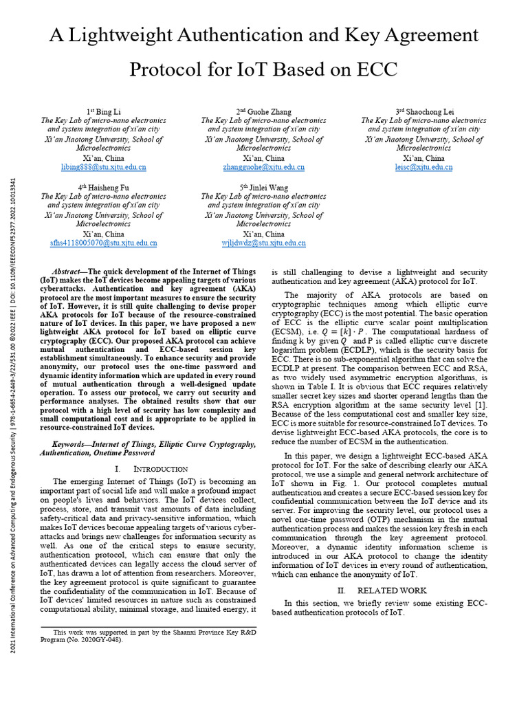 A Lightweight Authentication and Key Agreement Protocol For IoT Based On ECC | PDF