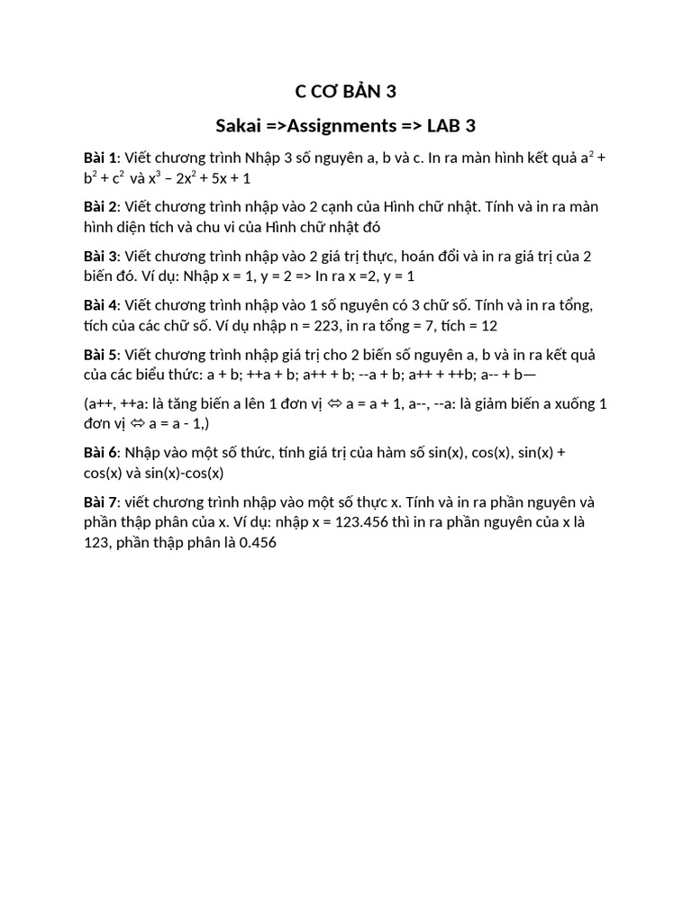 C Cơ Bản 3 Sakai =>Assignments => LAB 3: Bài 1 Bài 2 Bài 3 Bài 4 Bài 5 ...