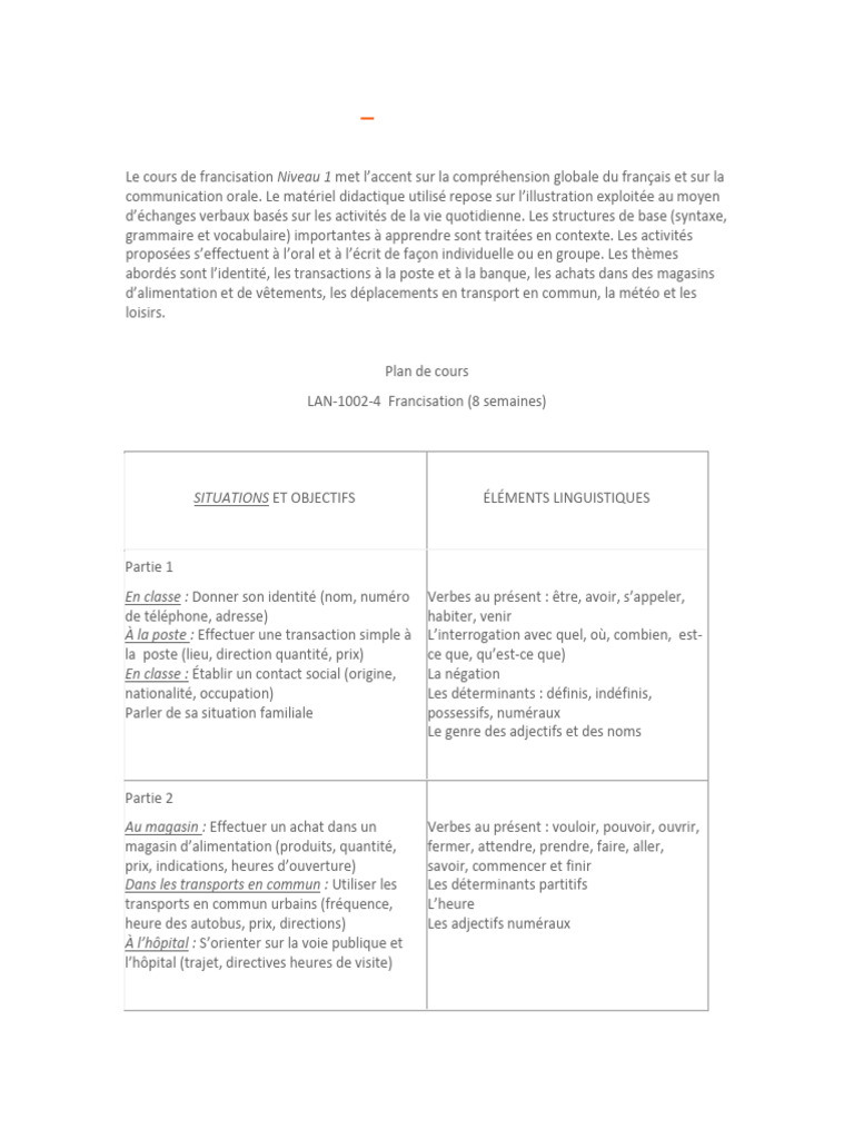 Francisation Niveau 1 - Centre Lartigue | PDF