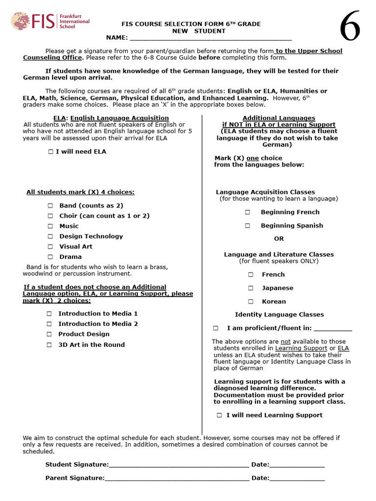 Grade 6 Course Selection 2023 - 24 - Editable PDF | PDF