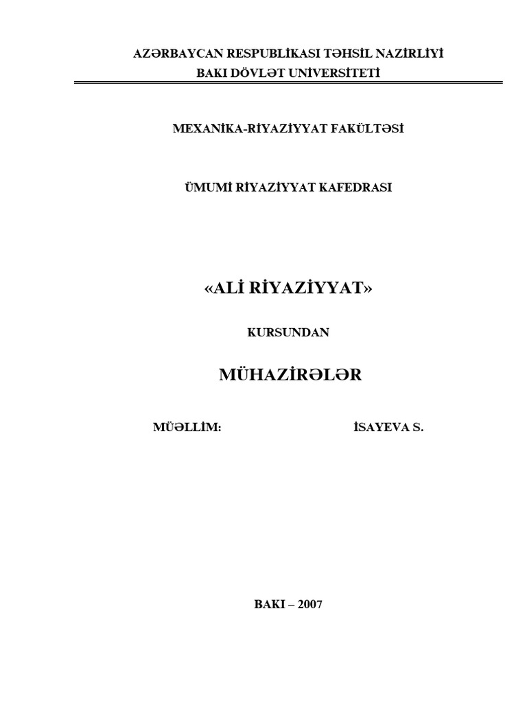 Ali Riyaziyyat Kursundan M Hazir L R 1 e Book Az 1 PDF | PDF