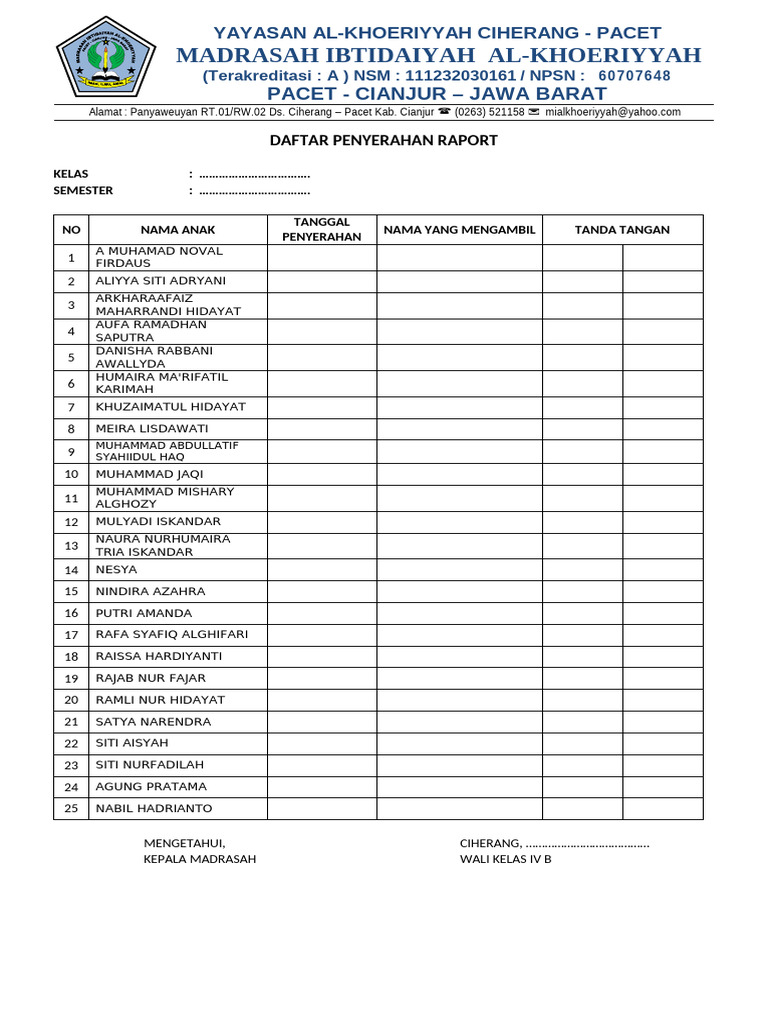 Daftar Penyerahan Raport | PDF