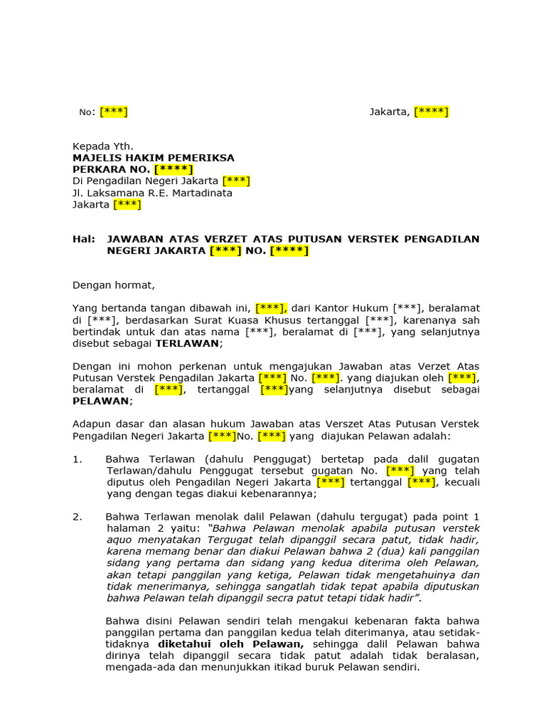 Jawaban Atas Verzet Atas Putusan Verstek | PDF