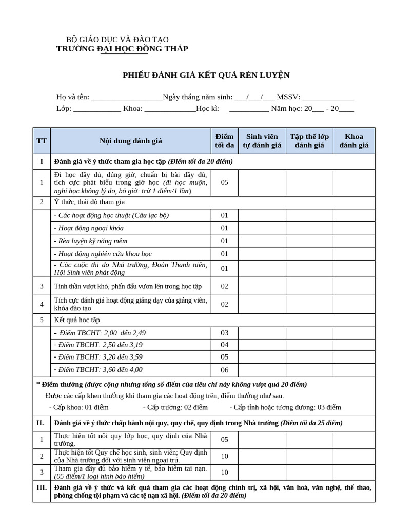 (24!03!2016 07.46.59) Phieu Danh Gia Ket Qua Ren Luyen Theo Thong Tu 16 | PDF
