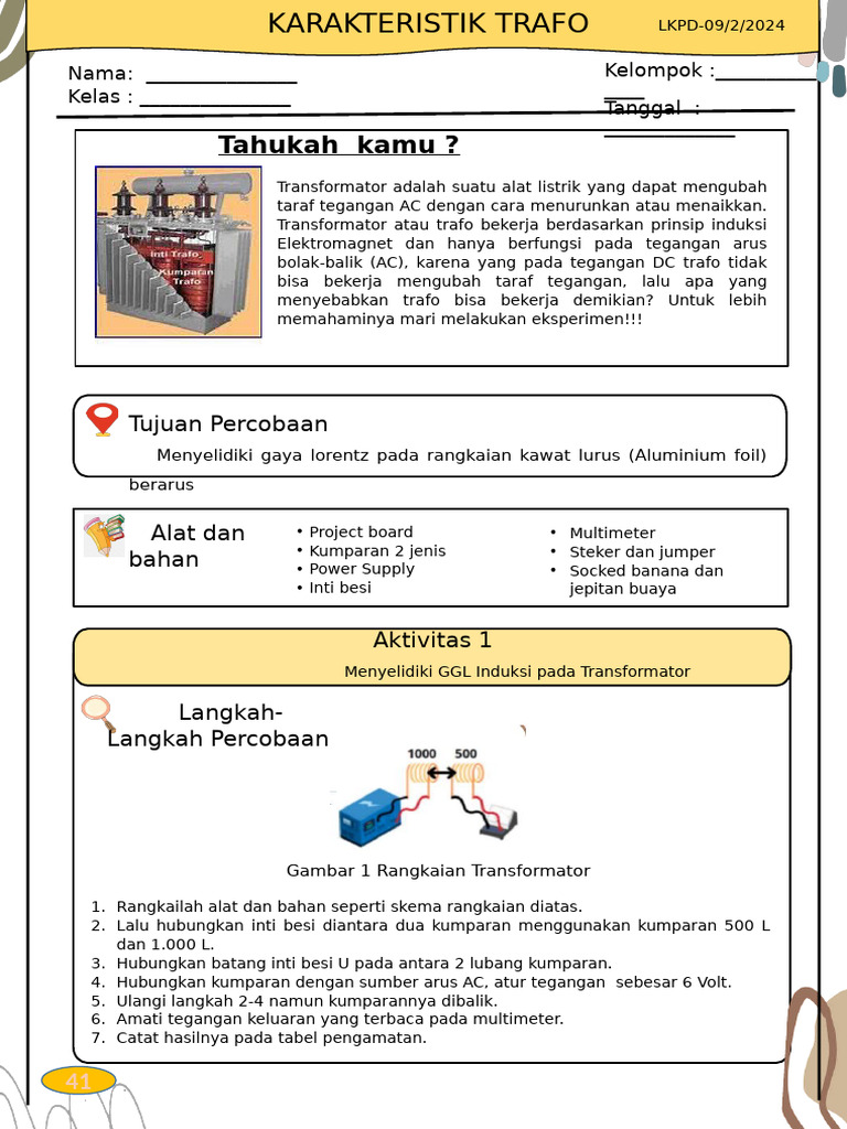 LKPD - 9 (Karakteristik Trafo) Putri Yasmin Pajar - 2205110122 | PDF