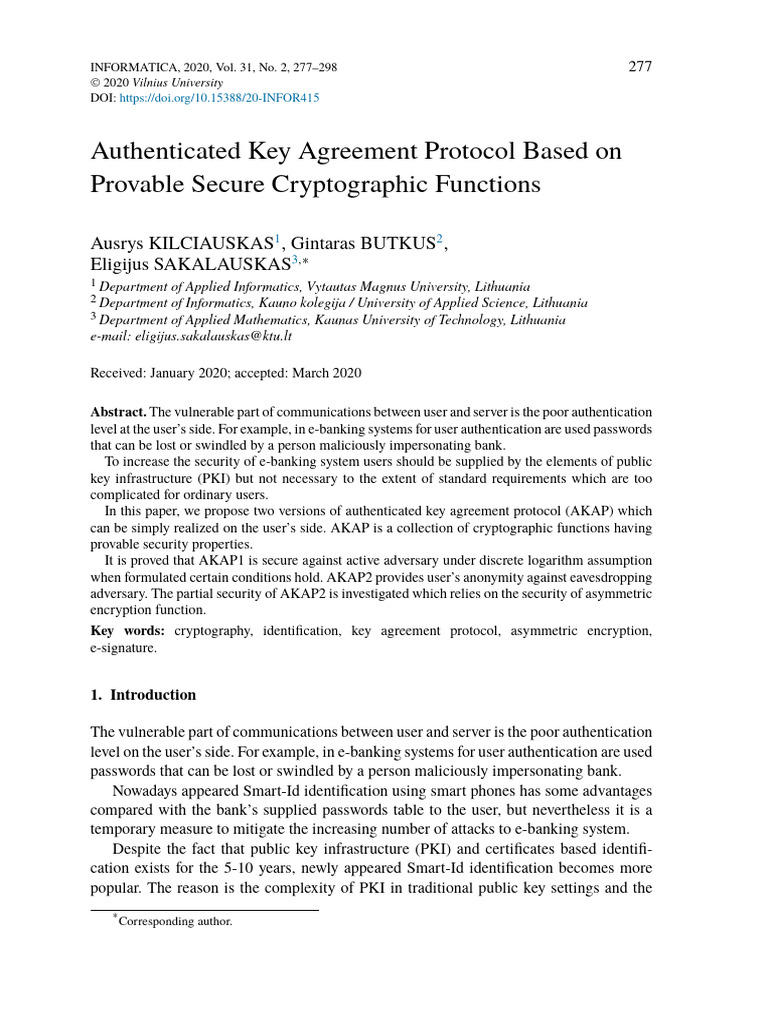 Authenticated Key Agreement Protocol Based On Provable Secure Cryptographic Functions | PDF ...
