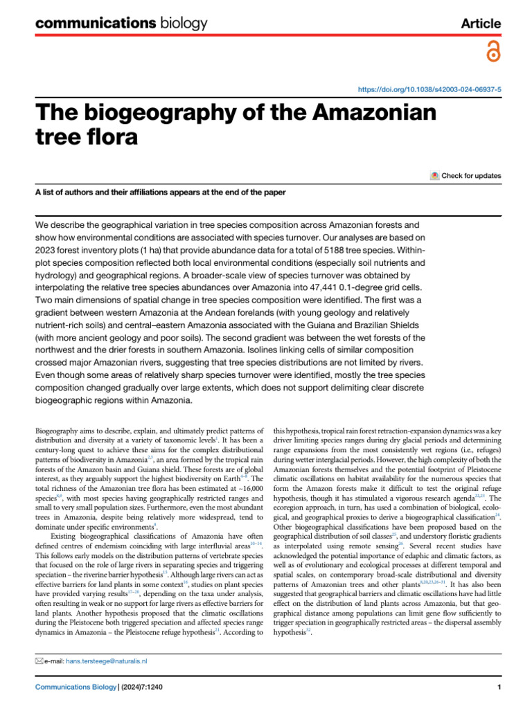 Communications Biology Biogeography Amazonian Tree Flora 2024 | PDF