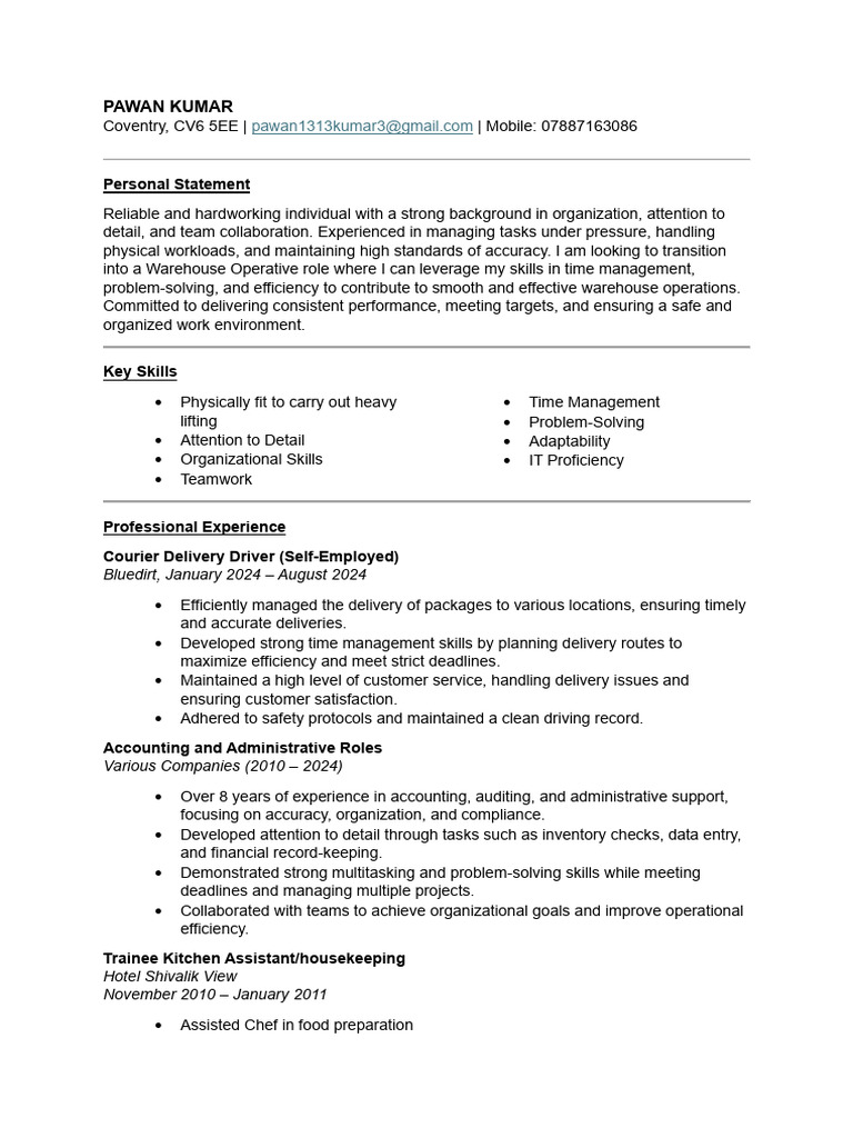 Pawan Kumar CV Warehouse | PDF