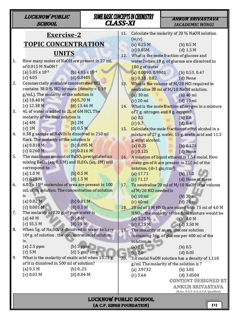 Xi-Ch-1-Assignment Sheet-2-Concentration Units | PDF | Analytical ...