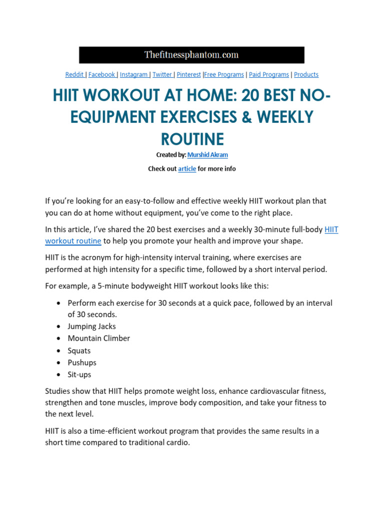 HIIT Workouts at Home Without Equipment PDF | PDF