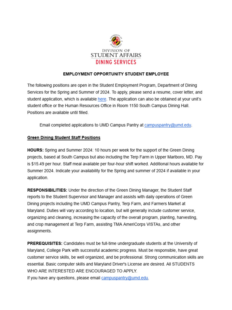 UMD Green Dining Student Staff App | PDF | Career & Growth | Business