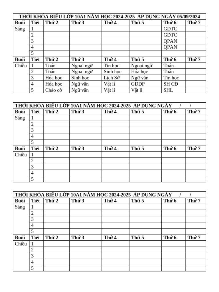 Thời Khóa Biểu Lớp 10a1 Năm Học 2024 | PDF