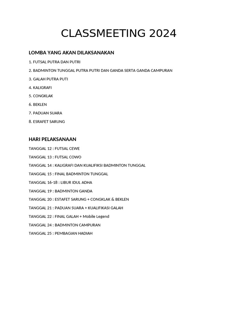 Classmeeting 2024 Guide | PDF