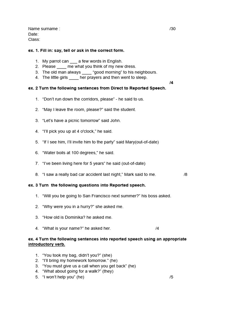 Reported Speech - Test. Statements, Questions, Introductory Verbs | PDF
