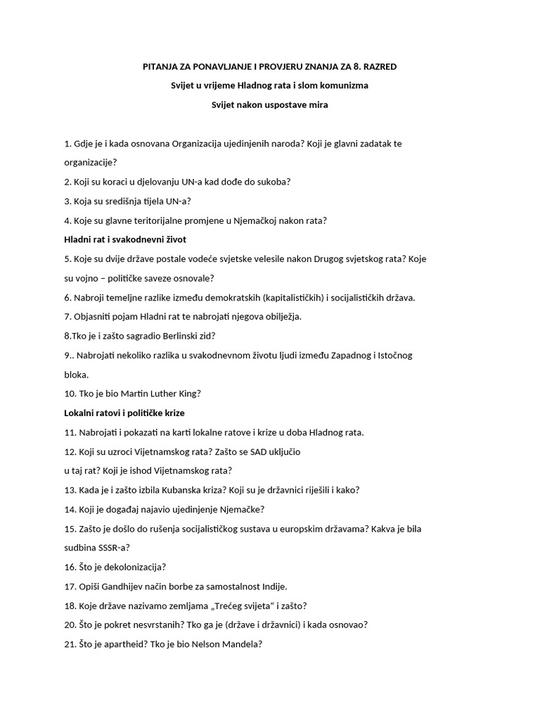 Hladni Rat, HRV U Drugoj Jugoslaviji - Pitanja Za Ponavljanje I Provjeru | PDF