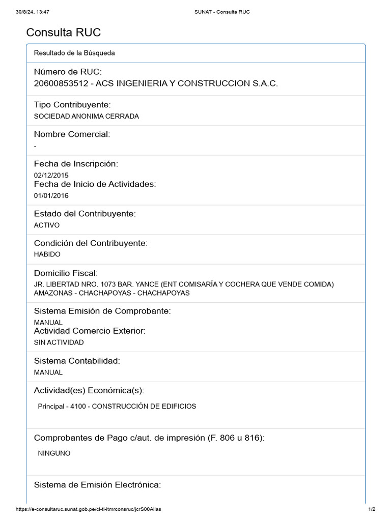 SUNAT - Consulta RUC ACS Ingenieria y Construccion Sac | PDF