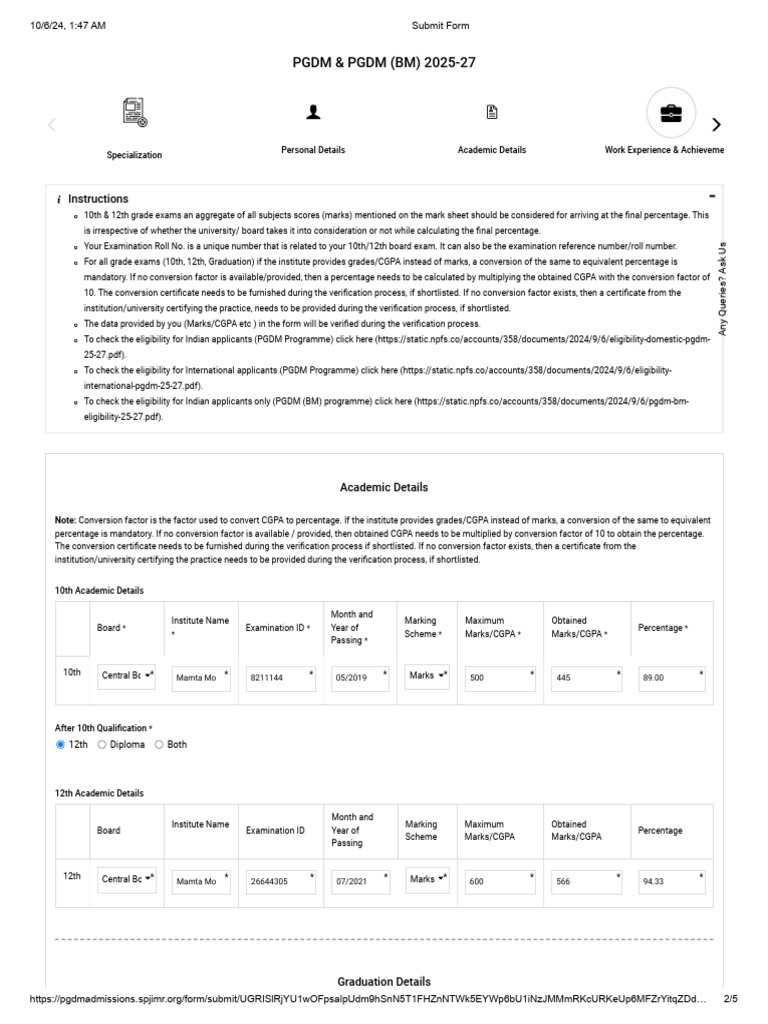 PGDM & PGDM (BM) 2025-27: Instructions | PDF