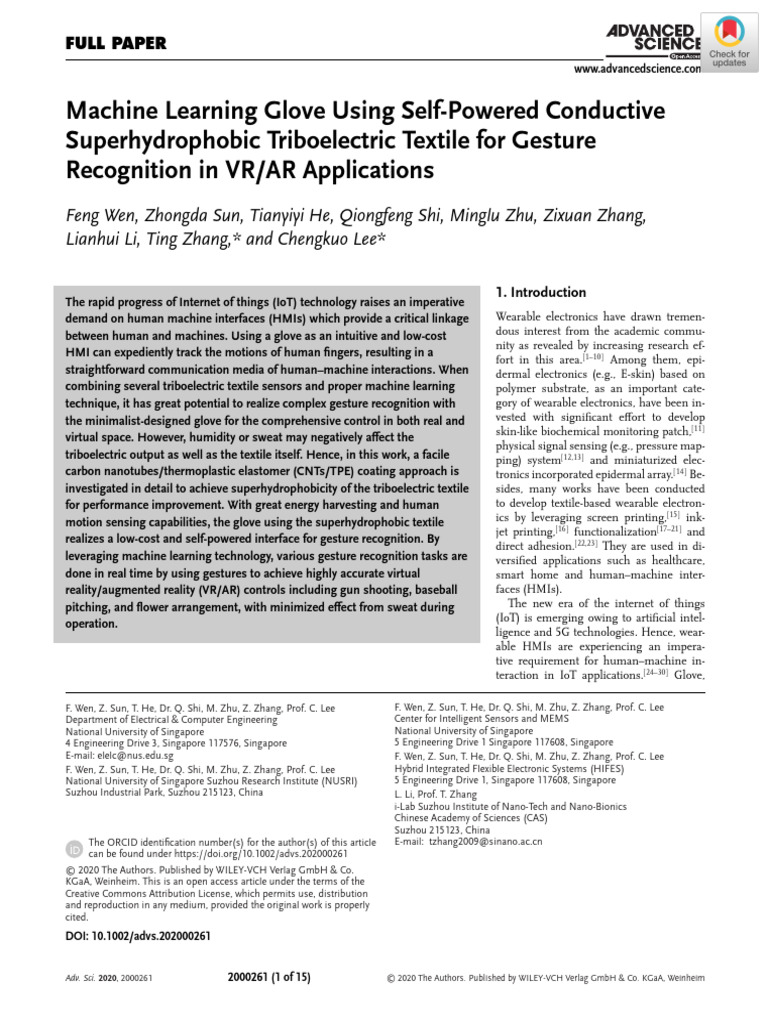 Machine Learning Glove Using Self Powered Conductive Superhydrophobic Triboelectric Textile For ...