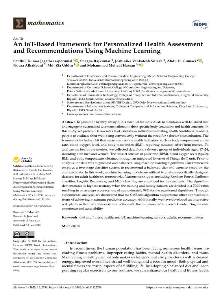An IoTBased Framework For Personalized Health Assessment and Recommendations Using Machine ...