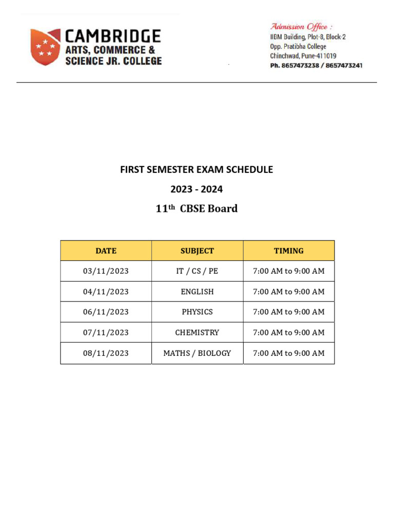 1st Semester Exam Schedule (Class 11) CBSE Board | PDF