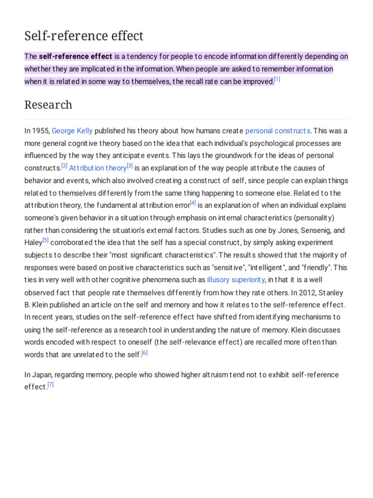 Self-Reference Effect - Wikipedia | PDF | Memory | Prefrontal Cortex