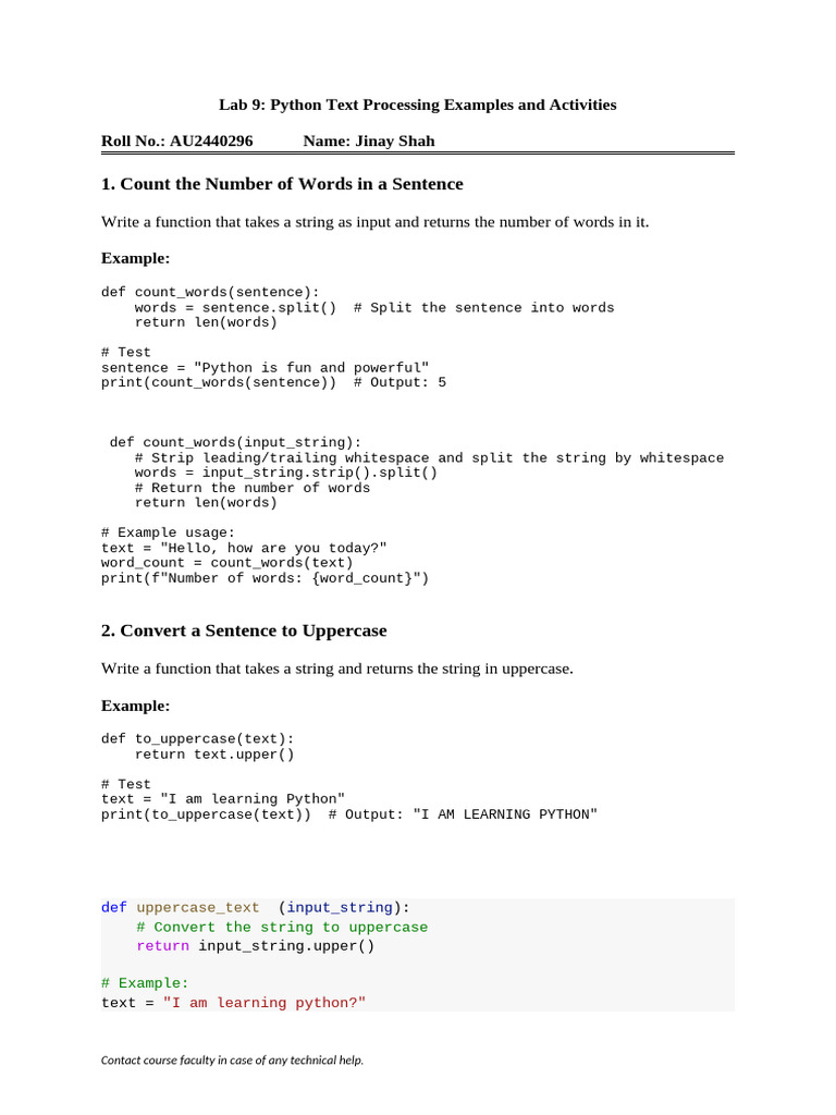 Lab 9 Python Text Processing Exercises With Examples Pdf