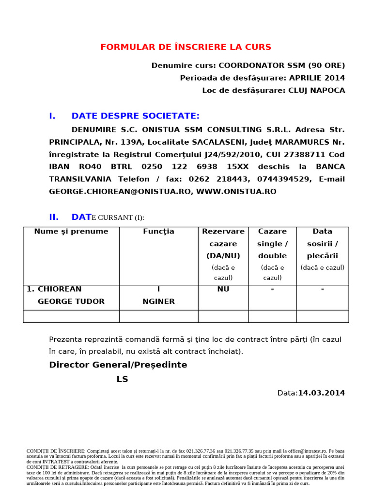 I. Date Despre Societate:: Formular de Înscriere La Curs | PDF