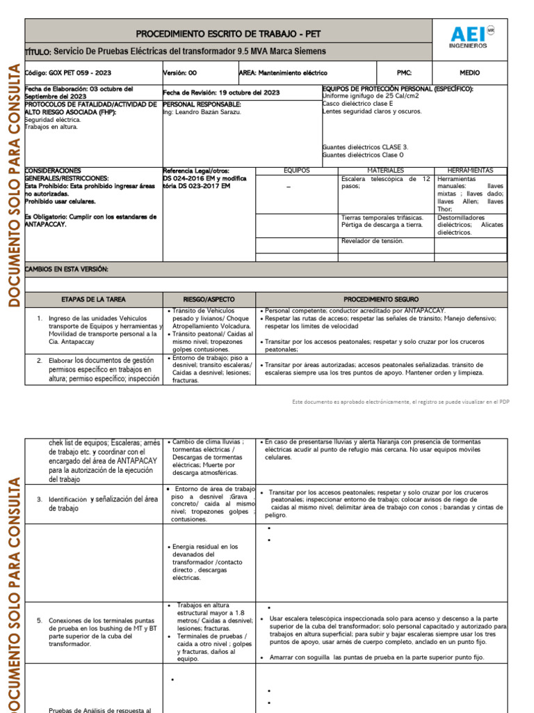 Gox Pet 059 - 2023 Os34950 Pets Pruebas Electricas de Transformador de 9.5 Mva | PDF